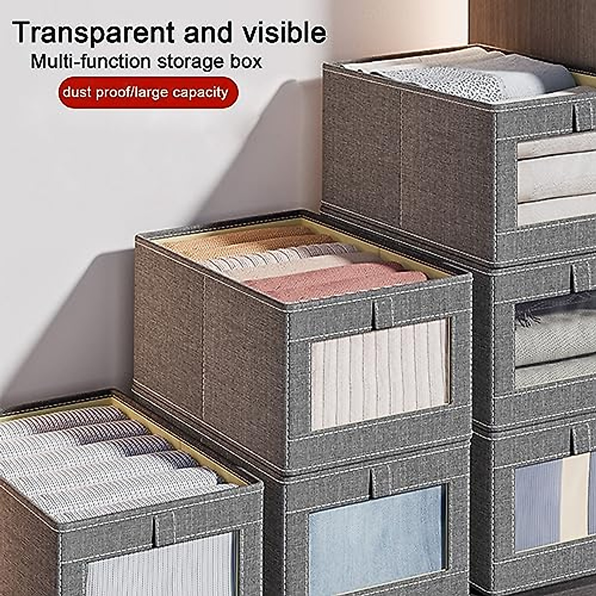 CSKB 4 pcs Closet Storage Bins, Large Fabric Storage Box, Visible Storage Baskets for Closet with PP Board, Foldable Storage Baskets for Organizing Clothing, Jeans, Toys (Medium & Large)