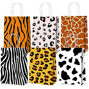 24 Pieces Jungle Safari Animal Print Treat Bags with Handles, Leopard Zebra Giraffe Tiger Stripe Cow Print Goodie Bags Safari Party Favor Present Bags for Safari Themed Birthday Party Supplies