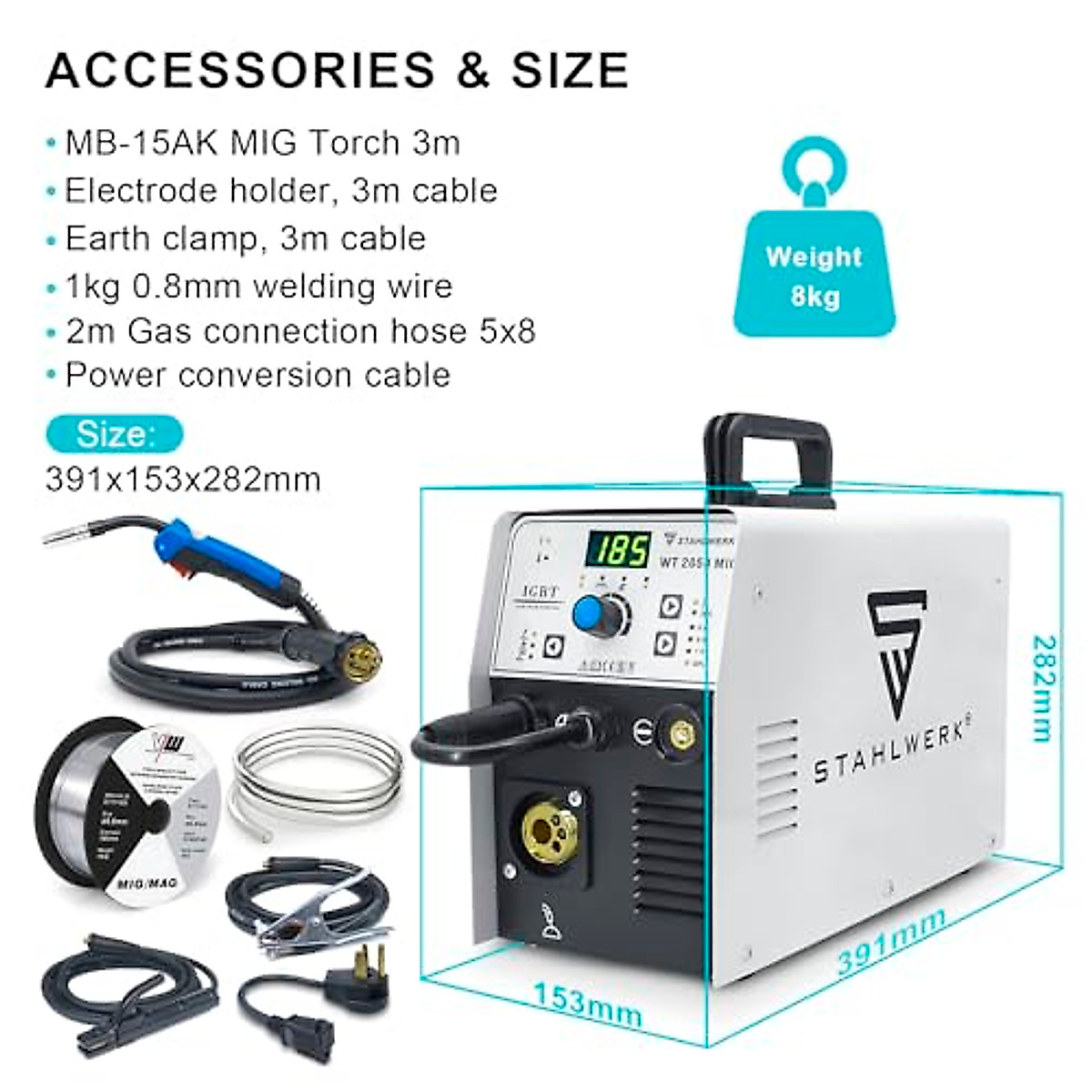 S STAHLWERK 185A Mig Welder 3 in 1 Flux MIG/Solid Wire/Lift TIG/Stick Welder 110V/220V Dual Voltage Gas/Gasless Welding Machine, White