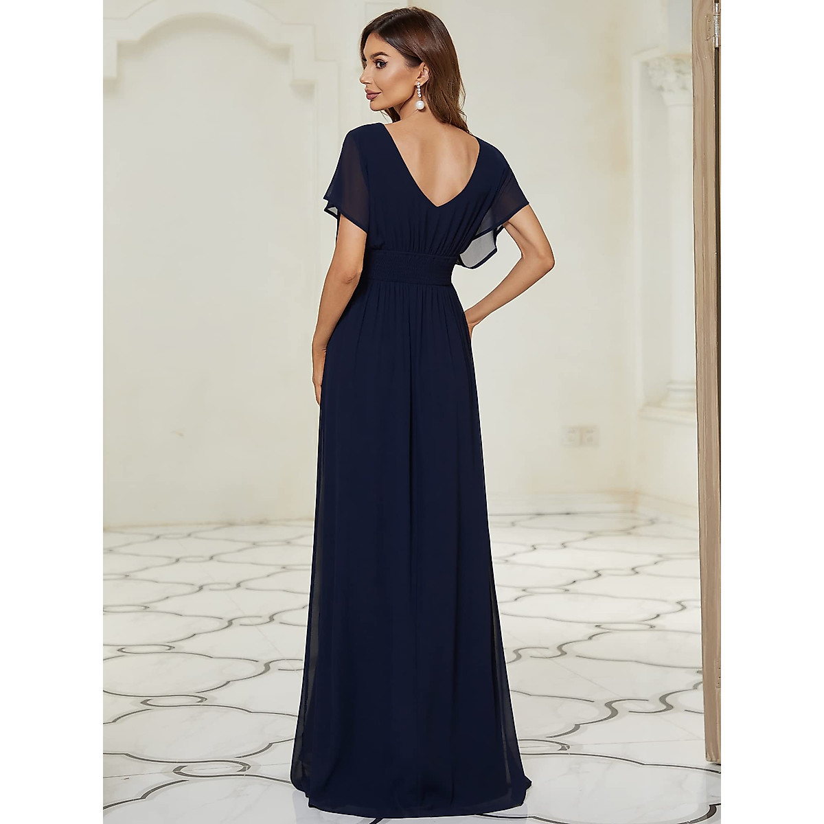 Ever-Pretty Women's Elegant Formal Dress V-Neck Short Sleeve Chiffon Long Mother of The Bride Dresses Navy Blue US12