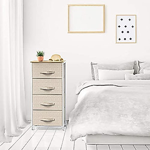 Pipishell Dresser with 4 Drawers, Tall Storage Tower with Sturdy Steel Frame Wood Top，Fabric Dresser Organizer Unit for Bedroom, Hallway, Entryway, Closets, Nursery Room