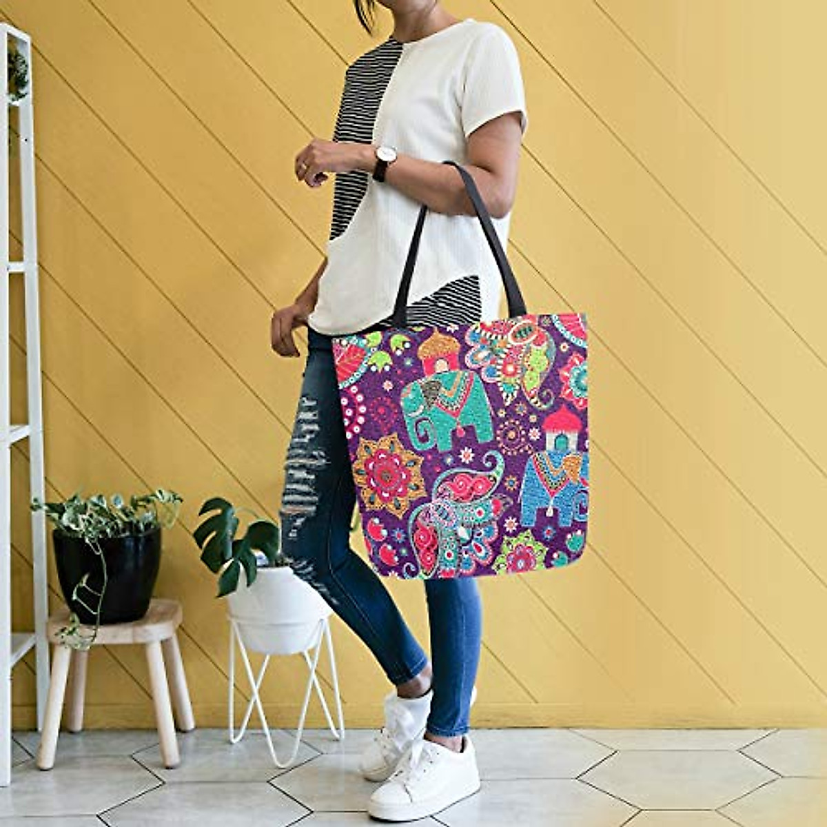 ALAZA Large Canvas Tote Bag Cute Indian Floral Elephant Shopping Shoulder Handbag with Small Zippered Pocket