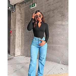 OQQ Women's 2 Piece Bodysuits Sexy Ribbed One Piece Zip Front Long Sleeve Tops Bodysuits Black Beige