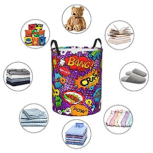 Circular Laundry Hamper Organizer Comic Book Style Speech Bubbles Effects Humorous Fun Contemporary Design Collapsible Storage Baskets Dirty Clothes Bag With Handles Toy Organizer Medium