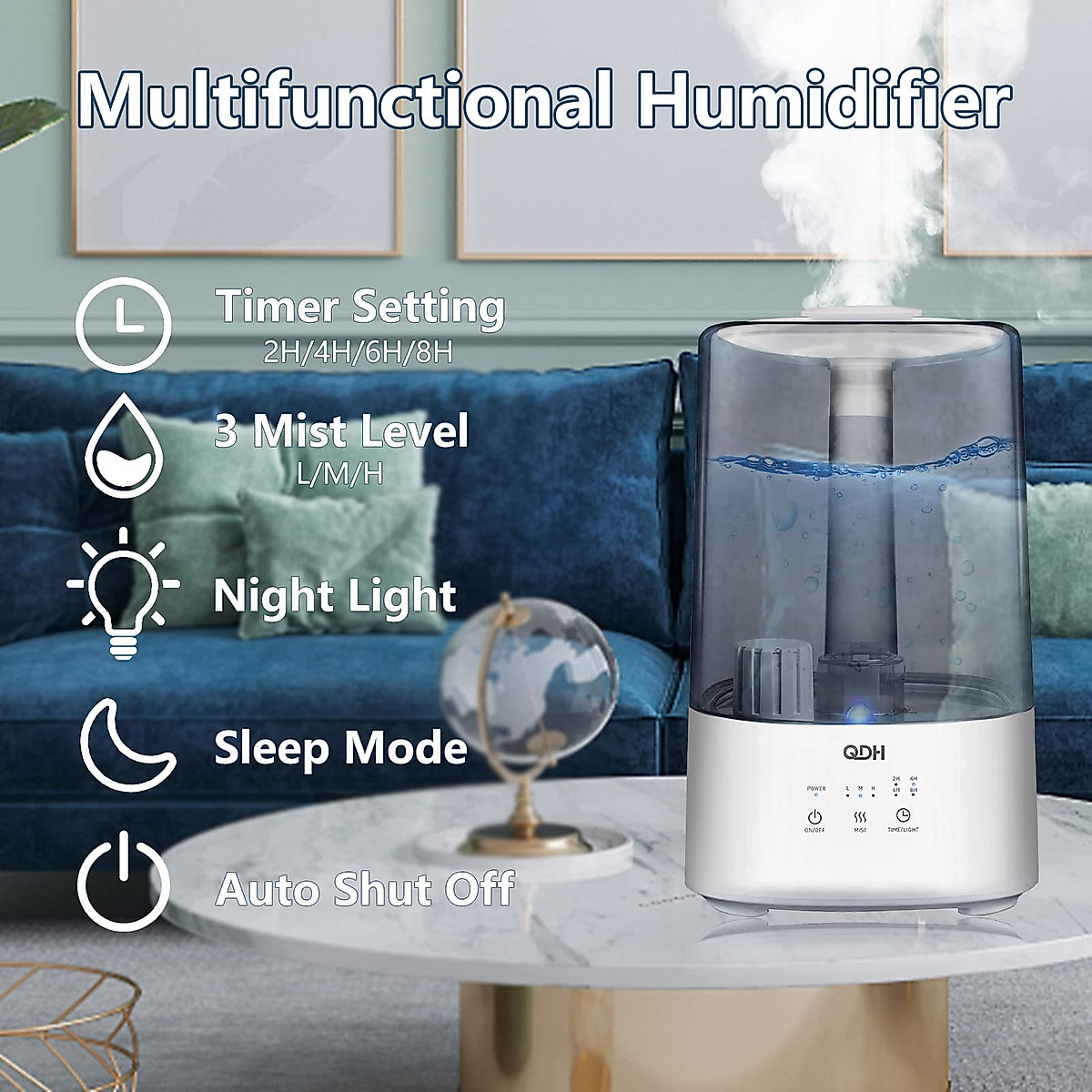 Humidifiers for Bedroom Large Room, QDH 3.5L Cool Mist Humidifier, 26dB Quiet Ultrasonic Air Humidifiers for Plant, Baby, Nursery, Office, & Indoor Plants - Lasts Up To 36 Hours