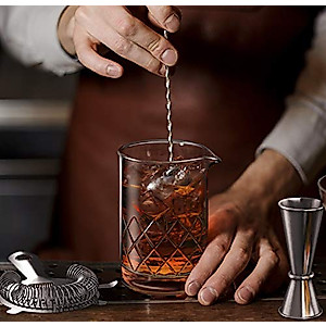 MOFADO Crystal Cocktail Mixing Glass Set - 4 Piece - 18oz 550ml - Thick and Sturdy Bottom, Durable Crystal Mixing Glass, Spoon, Jigger, Strainer - Beautiful Gift