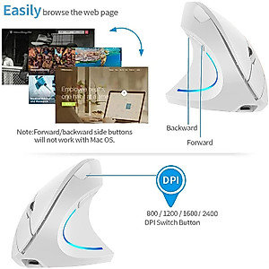WREWING Vertical Mouse, Right Handed 2.4G and Bluetooth Dual Mode Wireless Ergonomic Rechargeable Vertical Mouse with 4 Adjustable DPI 6 Buttons,Compatible with PC Mac Android Windows (White)