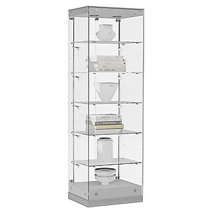 Displays2go Glass Display Case with LED Lighting, Locking Swing Open Door, Tempered Glass Shelves with MDF Top & Base – Clear & Silver (GTAP24LEDS)