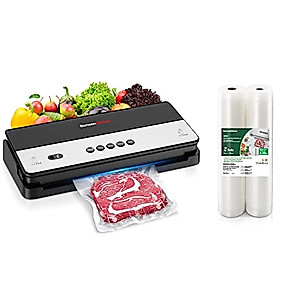 Bonsenkitchen Food Sealer Vacuum Sealer, Built-in Cutter & sealer Bags Rolls and Starter Kit, Dry&Moist Food Modes, Compact Design Air Sealing System Portable Vacuum Sealer, Black