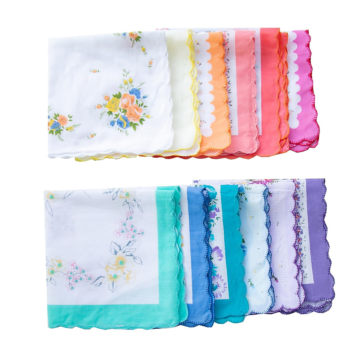 MZLIU Womens Girls Vintage Floral Cotton Handkerchiefs with Scalloped Edge Hankies 3PCS