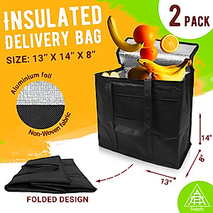 APQ Supply Black Insulated Food Delivery Bag 13 x 14 x 8 Inches, Insulated Grocery Bags with Zippered Top, Pack of 2 Heavy Duty Catering Bag for Food Deliveries, Insulated Bags for Food Delivery