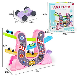 Toys Car Ramp Racer Toy Vehicle Track Set for Toddler 1 2 3 Year Old Boys Girls Gifts,Garage Playset with 4 Mini Racers & Building Parking Lot, Pink
