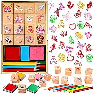 Zayvor Kids Stamps Set, Girls Wooden Rubber Stamp with Ink Pad Colored Pencil, Holiday Square Craft Stamp for Stamping Scrapbooking Crafting Booking Card Making Stocking Filler,Party Favor Gift