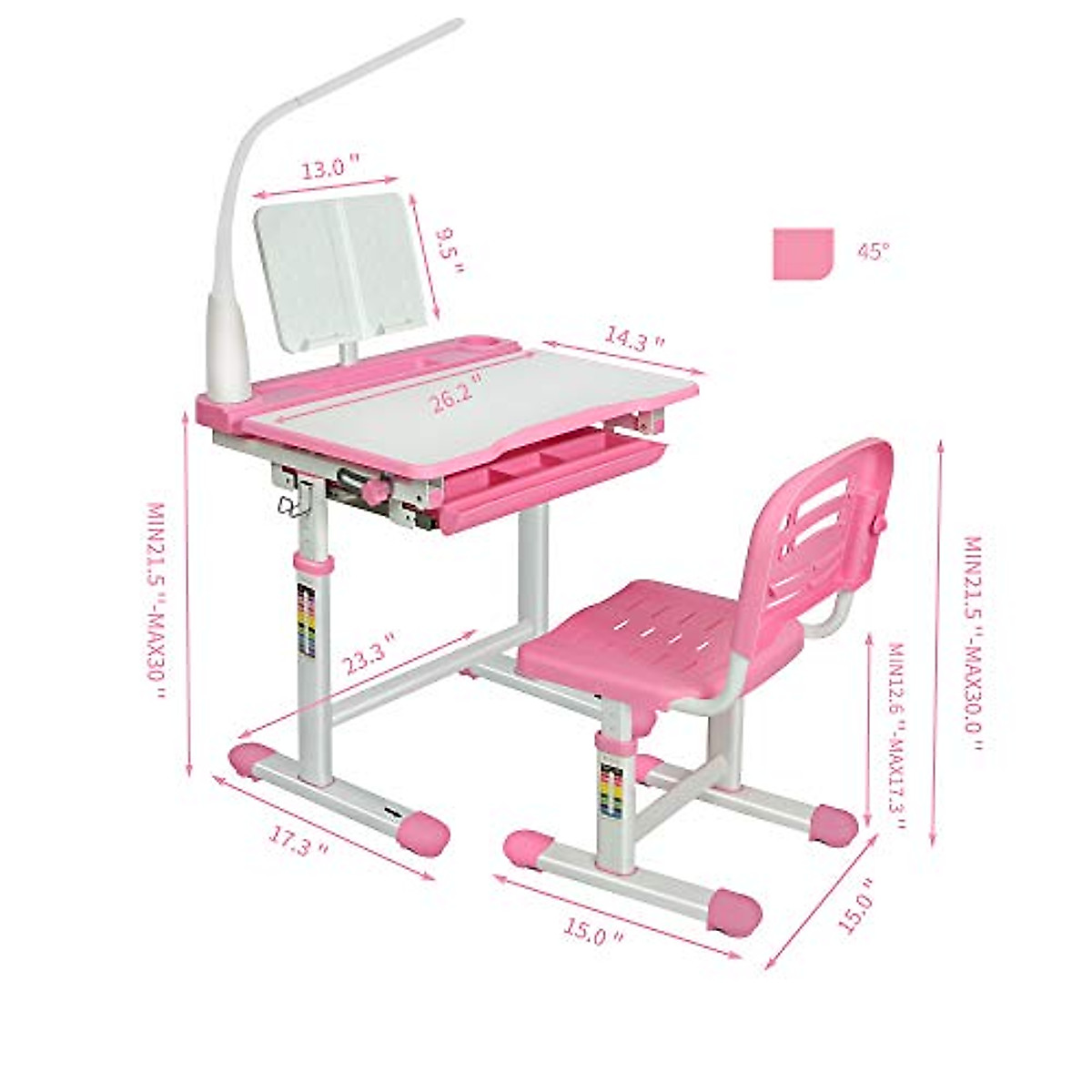 Diroan Kids Functional Desk and Chair Set, Ergonomic Height Adjustable Children School Study Desk with Tilt Desktop, Book Stand, LED Light, Metal Hook and Storage Drawer for Boys Girls(Pink)