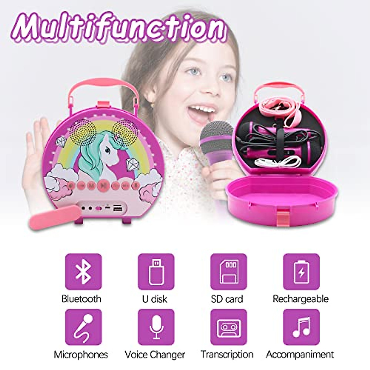 Kids Karaoke Machine for Girls Boys with 2 Microphones Toddler Singing Bluetooth Toys Children Karaoke Singing Machine Recording Voice Changing Speaker for Party Age 3-12