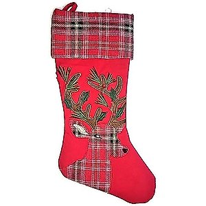 Deer Christmas Stockings for Rustic Cabin Camp Lodge Decor - 18" Embroidered Reindeer, Holiday Red Plaid