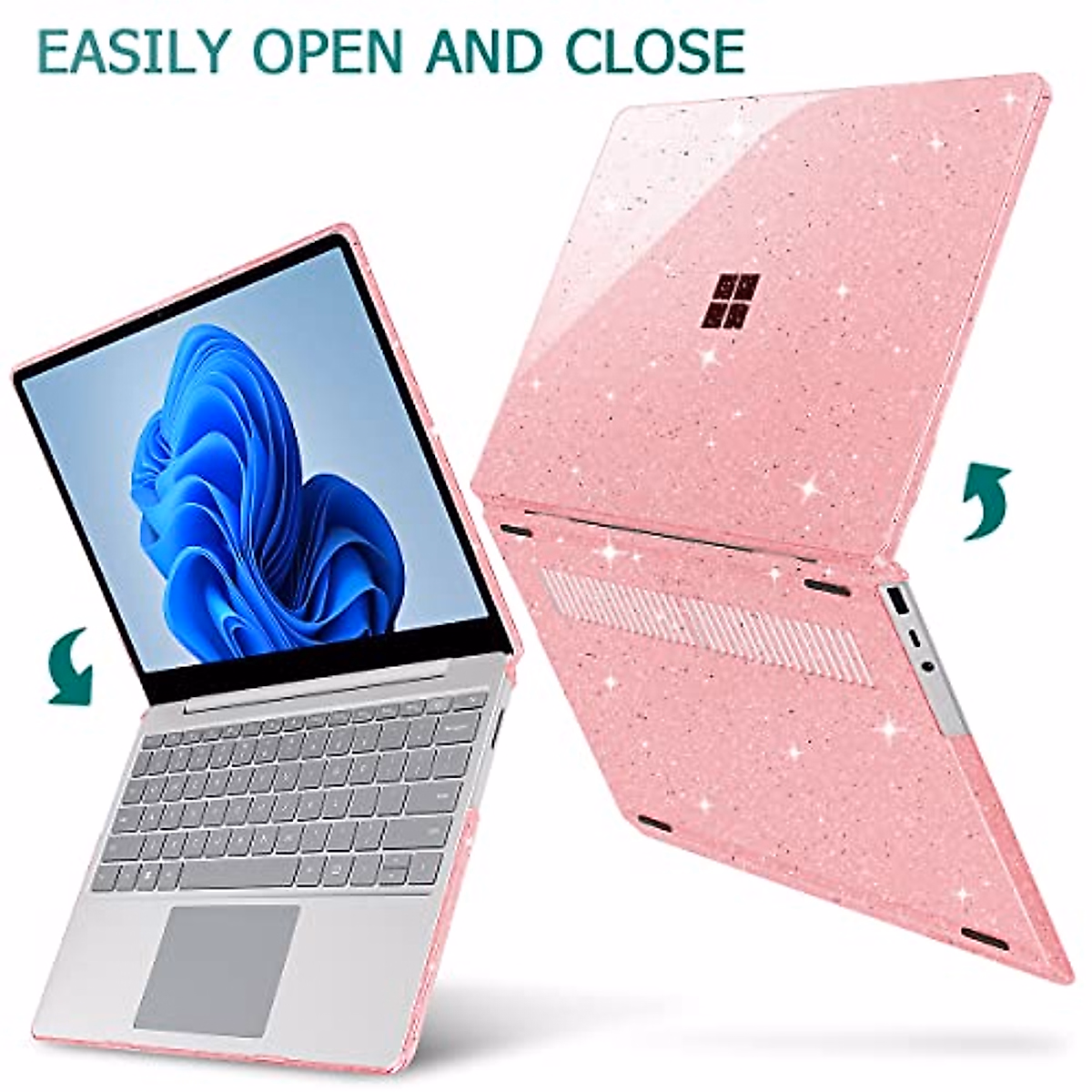 May Chen Compatible with 12.4 inch Microsoft Surface Laptop Go 2 Models: 1943 2013, Release 2022 Fashion Plastic Hard Shell Case with Screen Protector + Keyboard Cover + Dust Plugs, Pink Glitter
