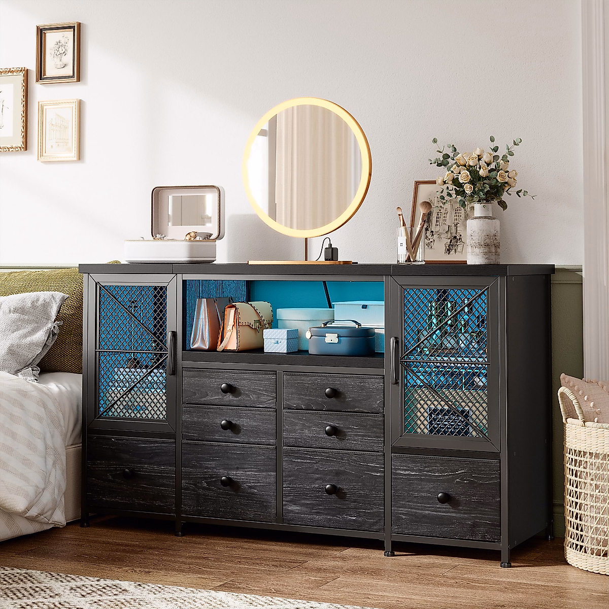 EnHomee Dresser for Bedroom with Power Outlets & LED Lights,Black Dresser for Bedroom with 8 Drawers& 2 Large Cabinet,Mesh Metal Door,60'' TV Stand Bedroom Dresser, Long Dressers & Chest of Drawers ﻿
