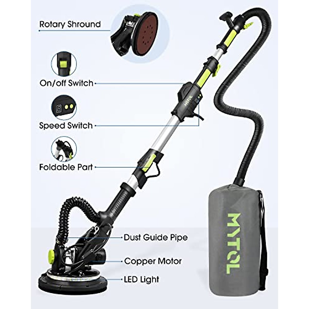 MYTOL Drywall Sander, 7.2A Electric Drywall Sander with Vacuum Dust Collection, LED Light, 6 Variable Speed Digital Display 900-1800RPM, Foldable & Extendable Handle, 9 Sanding Discs&3 Grid Sandpaper