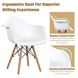 Safstar Mid Century Modern Dinning Chair Set of 2, 2 Pieces DSW Side Chair w/Beech Wood Legs & Curved Seat Supports, Accent Plastic Shell Chair Set for Kitchen, Dining, Bedroom, Living Room (2, White)