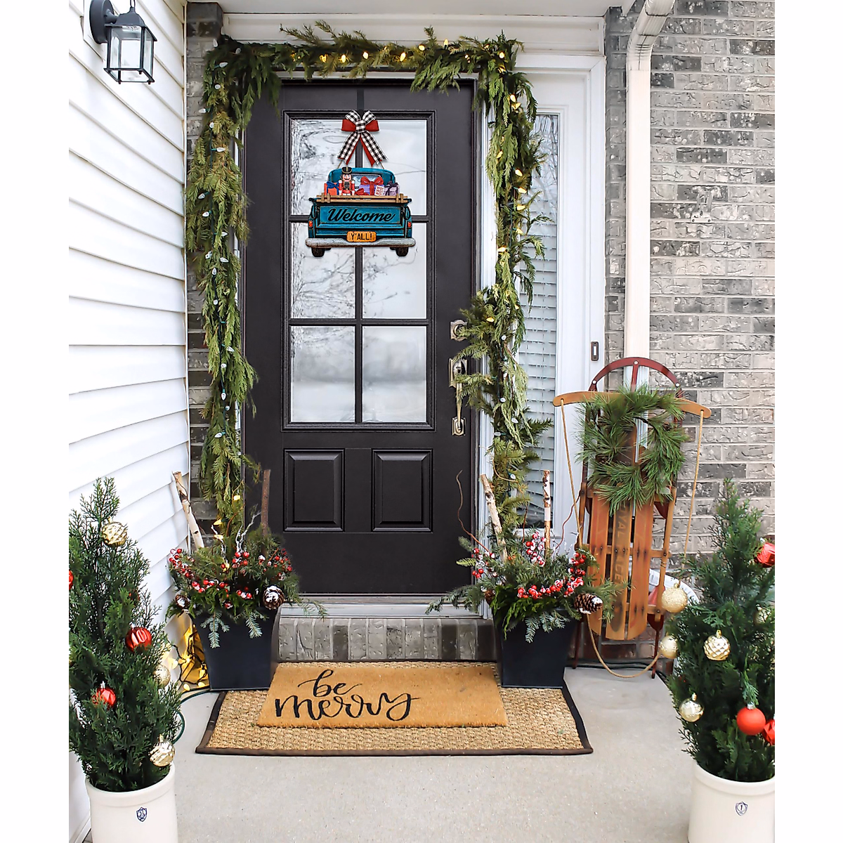 Interchangeable Welcome Sign for Front Door Blue Farmhouse Truck Decor Hanging Sign with 11 Interchangeable Seasonal and Holiday Decor Signs 12x14 in. (Blue Farmhouse Truck)