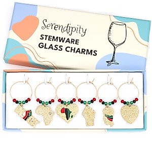 African American Wine Charms, Set of 6 Glass Markers Inludes: Pan-African Flag, Africa Continet, Heart with Engraved BLM, Girl with African Headwrap, Clenched Fist, Black Power Symbol, Gift