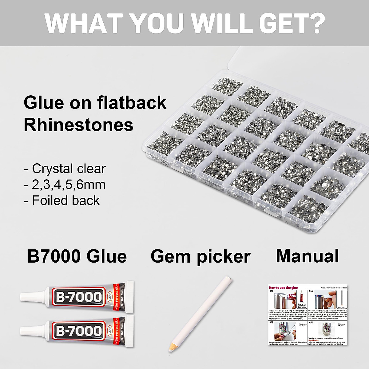 b7000 Clear Glue with 20100Pcs Silver Clear Flatback Rhinestones for Crafts Clothing Clothes Decor Fabric Shoes, Flat Back Gems Diamonds Bedazzler Kit with Rhinestones Bulk Jewels Crystals 2-6mm Mixed