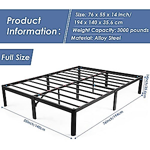 Devo Full Size Bed Frame 14 Inch Heavy Duty Metal Platform Beds No Box Spring Needed with Sturdy Steal Slats Mattress Foundation Support Up to 3000 lbs, Easy Assembly, Noise Free,76x55inch, Black