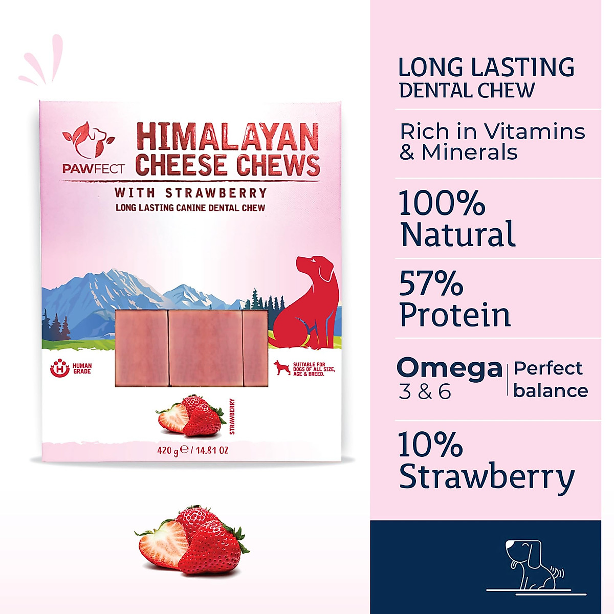 Himalayan Dog Chews Long Lasting - Strawberry Yak Cheese Dental Chews for Dogs | Promotes Healthy Teeth & Bones | Healthy Dog Treats for Large Dogs (14.81oz, Pack of 3) Pawfect