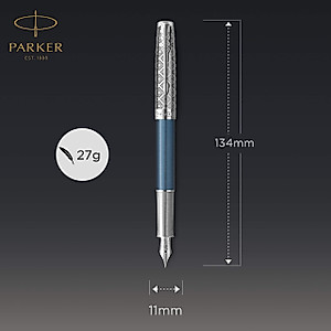 PARKER Sonnet Fountain Pen | Premium Metal and Blue Satin Finish with Chrome Trim | Fine 18k Gold Nib with Black Ink Cartridge | Gift Box