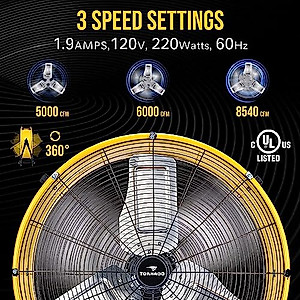 Tornado - 24 Inch High Velocity Heavy Duty Tilt Metal Drum Fan Yellow Commercial, Industrial Use 3 Speed 8540 CFM