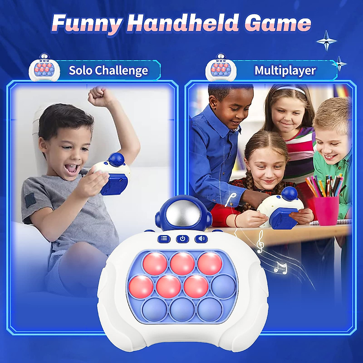 Quanquer Pop Toy Fast Push Game, Electronic Fidget Light Up Sensory Toys Travel Bubble Handheld Game Birthday Gifts for Age 5 6 7 8 9 10-12-18 Year Old Kids Adults Girl Boys, Astronaut, Blue & White
