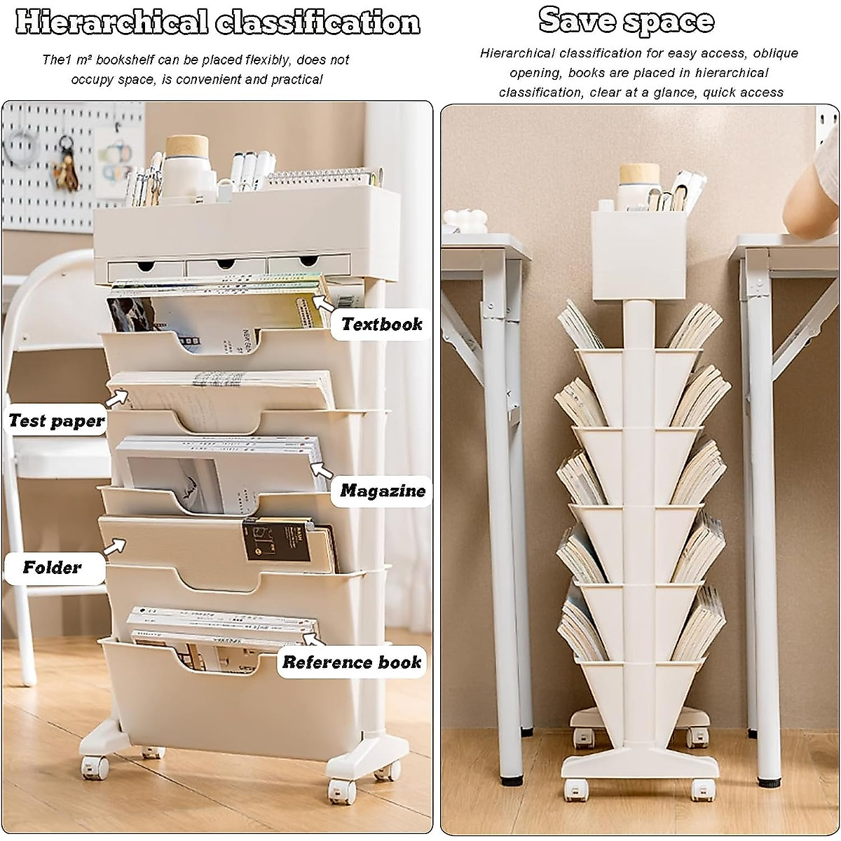 Soccerboy 6 Tier Mobile Bookshelf Bookcase with Lockable Casters,Rolling Utility Cart with 3 Drawer,Movable Storage Organizer for Living Room, Bedroom, Kitchen (White)
