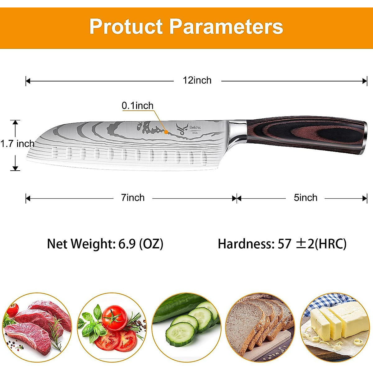 Bekhic Santoku Knife- SKnife Pro Kitchen Knife 7 Inch Kitchen Knife Asian Knife Japanese Chef Knife made of German High Carbon Stainless Steel ，Ergonomic Handle, Ultra Sharp (Silver&Maroon)