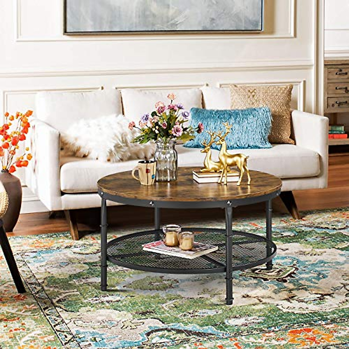 Yaheetech 35.5 inch Round Coffee Table, 2-Tier Rustic Wood Coffee Table for Living Room, Industrial Center Table with Metal Frame and Wood Desktop,Easy Assembly, Rustic Brown