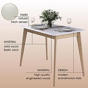 DAIVA CASA Pegasus Rectangular Dining Table - Birch Solid Wood Kitchen & Dining Room Furniture - Mid Century Modern Scandinavian Style – White Brown Kitchen Table for Small Space – 40х24 inch