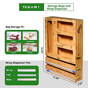 TILSI Storage Bag Organizer, Plastic Wrap Organizer and Dispenser with Cutter for Kitchen, Compatible with Gallon, Quart, Sandwich and Snack Variety Size Bag