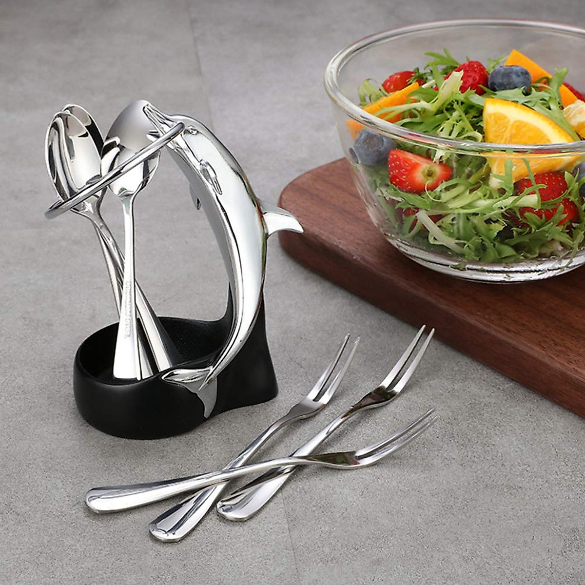 DOITOOL 3PCS Forks and Spoons Silverware Set with Organizer, Stainless Steel Silverware Set Tableware Dinnerware with Creative Dolphin Base Holder