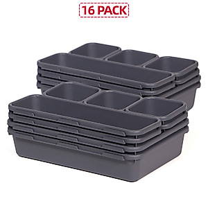 Set of 16 Interlocking Desk Drawer Organizer Tray Dividers Plastic Shallow Narrow Drawers Organizers Separators and Storage Bins Container for Kitchen Bathroom Makeup Office Vanity Bedroom Dresser