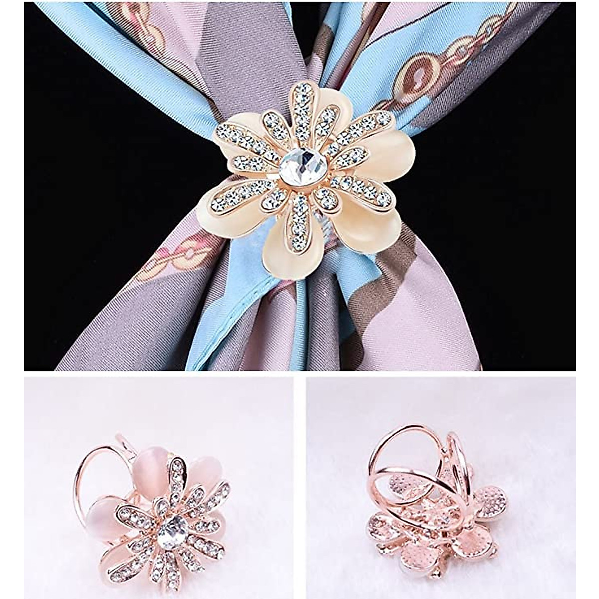 6pcs Women's Fashion Flover Faux Pearl Crystal Rhinestone Scarf Ring Buckle Clip
