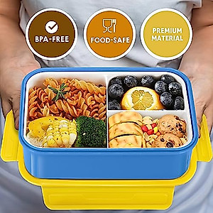 Landmore Bento Box Lunch Box for Kids Adults, 1100 ML Bento Lunch Box for Kids 3 Compartments with Utensils and Lunch Bag, Leakproof BPA Free(Blue)