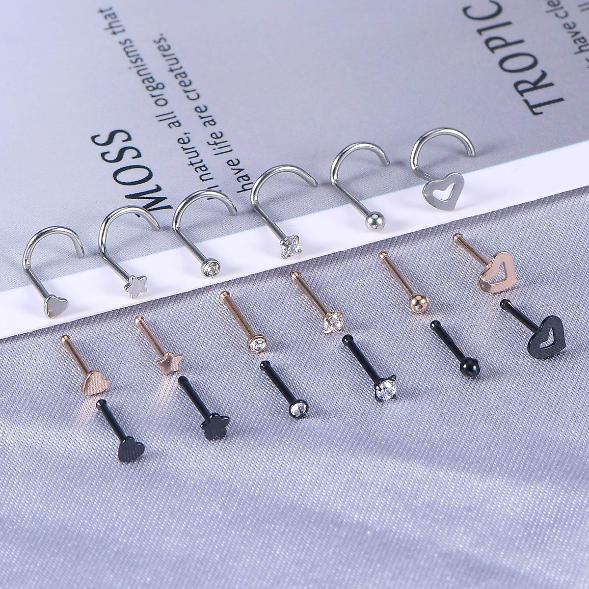 Anicina Nose Rings 20G Nose Studs Nose Rings Hoop Bone Pin Nose Rings Screw Nostril Piercing for Womens Mens CZ Nose Ring Stud