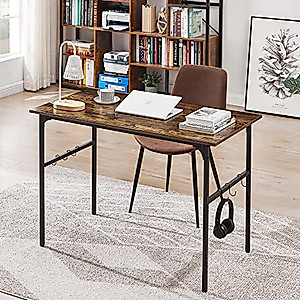 VECELO Industrial Simple Style Wood Table & Metal Frame Home Office Computer Desk Writing Study Workstation with 2 Tier Storage Shelves on Left or Right, 32 inch, Antique Brown