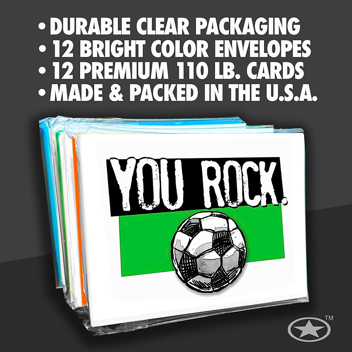 Play Strong Soccer You Rock Note Cards 12-Pack (4.25"x5.5") Illustrated Sports Powercards Thank You Note Card Set Perfect for Soccer Players, Coaches, Fans and Fanatics - They'll Love 'Em!