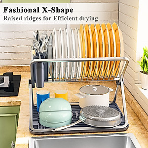 Dish Drying Rack, Rustproof Aluminum Collapsible 2-Tier Dish Drainer Rack with Drainboard and 2 Utensil Holders for Kitchen Counter, Silver Grey