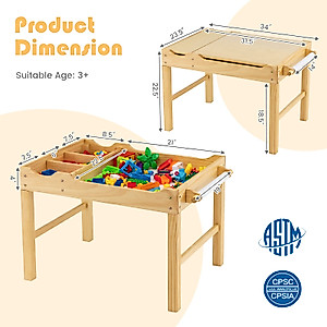 HONEY JOY Kids Table, 2 in 1 Toddler Wooden Activity Table with Paper Roll, Convertible Building Block Tabletop, 3 Storage Compartments, Children Furniture Set for Daycare, Playroom, Natural