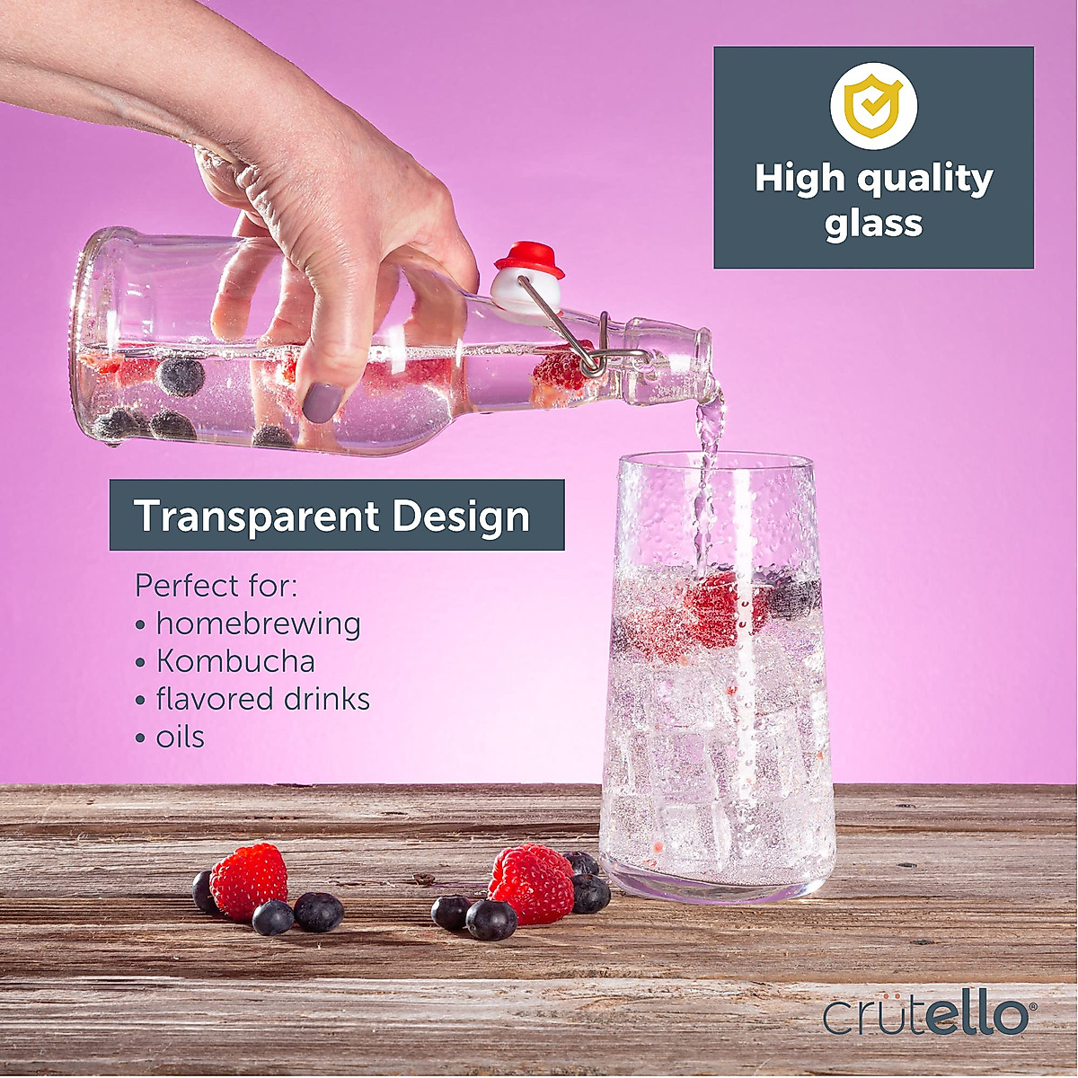 Crutello 16 Ounce Clear Glass Flip Top Beer Bottles for Brewing - Beer, Kombucha, Soda, Juice - 12 Pack Glass Bottle for Fermentation, Storage, Drinking - A Family-Owned American Brand