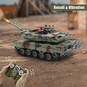 Fistone RC Battle Tank Set, 1/24 Scale 2.4G Remote Control T90 Tank and Leopard Battle Tank with Realistic Sounds, Lights, Life Indicators and Spray Military Toys for Kids and Adults