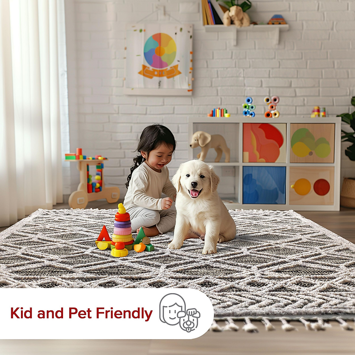 nuLOOM 9x12 Ansley Moroccan Tassel Area Rug, Grey, High-Low Textured Bohemian Design, Plush High Pile, Stain Resistant, For Bedroom, Living Room, Hallway, Entryway