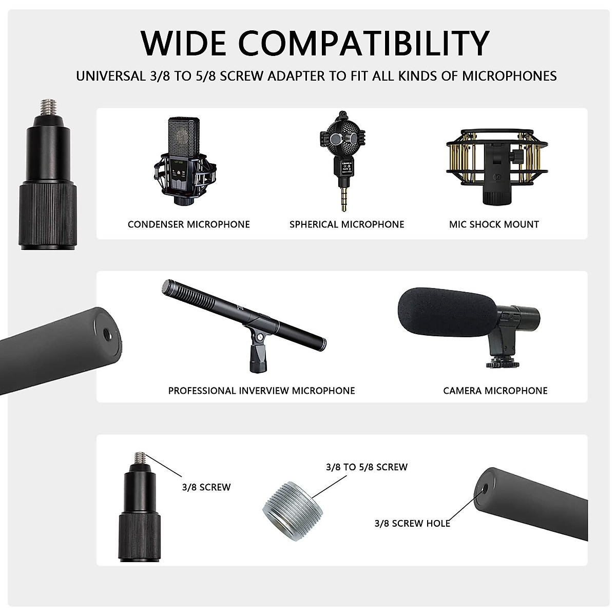 Portable Handheld Boom Pole for Shotgun Mic, 3-Section Extendable Microphone Arm for Filming with 3/8" and 5/8" Threads, 3ft to 8.3ft Adjustable Length